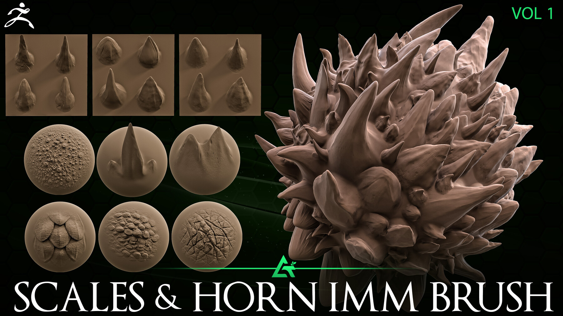 Art Talent Studio - ATS - 50 Dragon Horn and Scales IMM Brush Zbrush
