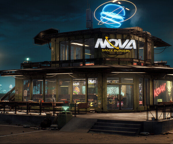 ArtStation - Nova Space Burgers / Cyberpunk Abandoned Restaurant / Bar ...