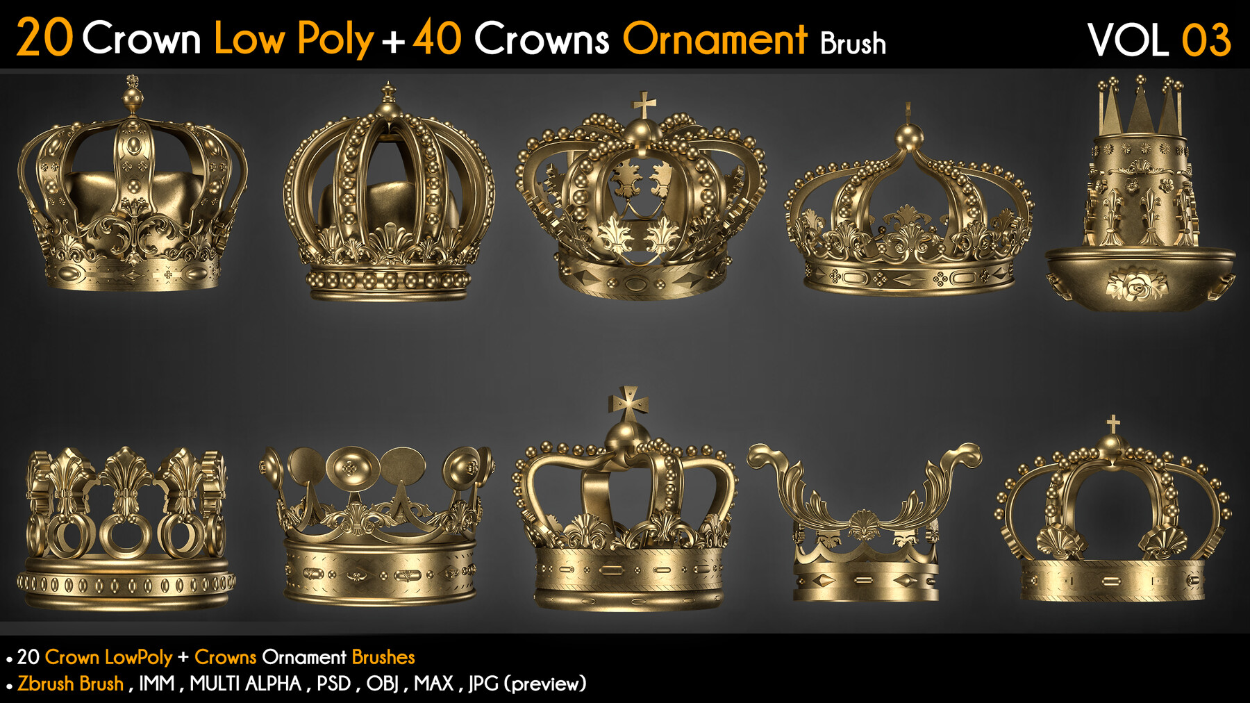 ArtStation - 20 Crown Low Poly + 40 Crowns Ornament Brush - VOL 3 | Brushes