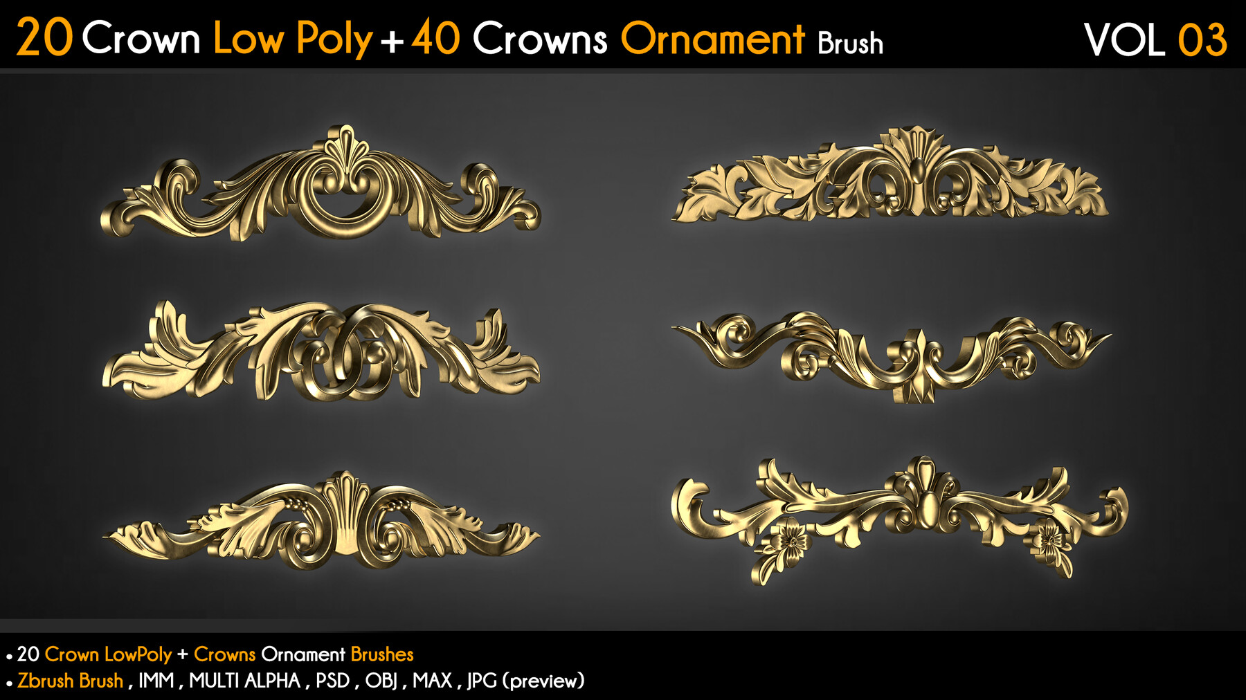 ArtStation - 20 Crown Low Poly + 40 Crowns Ornament Brush - VOL 3 | Brushes