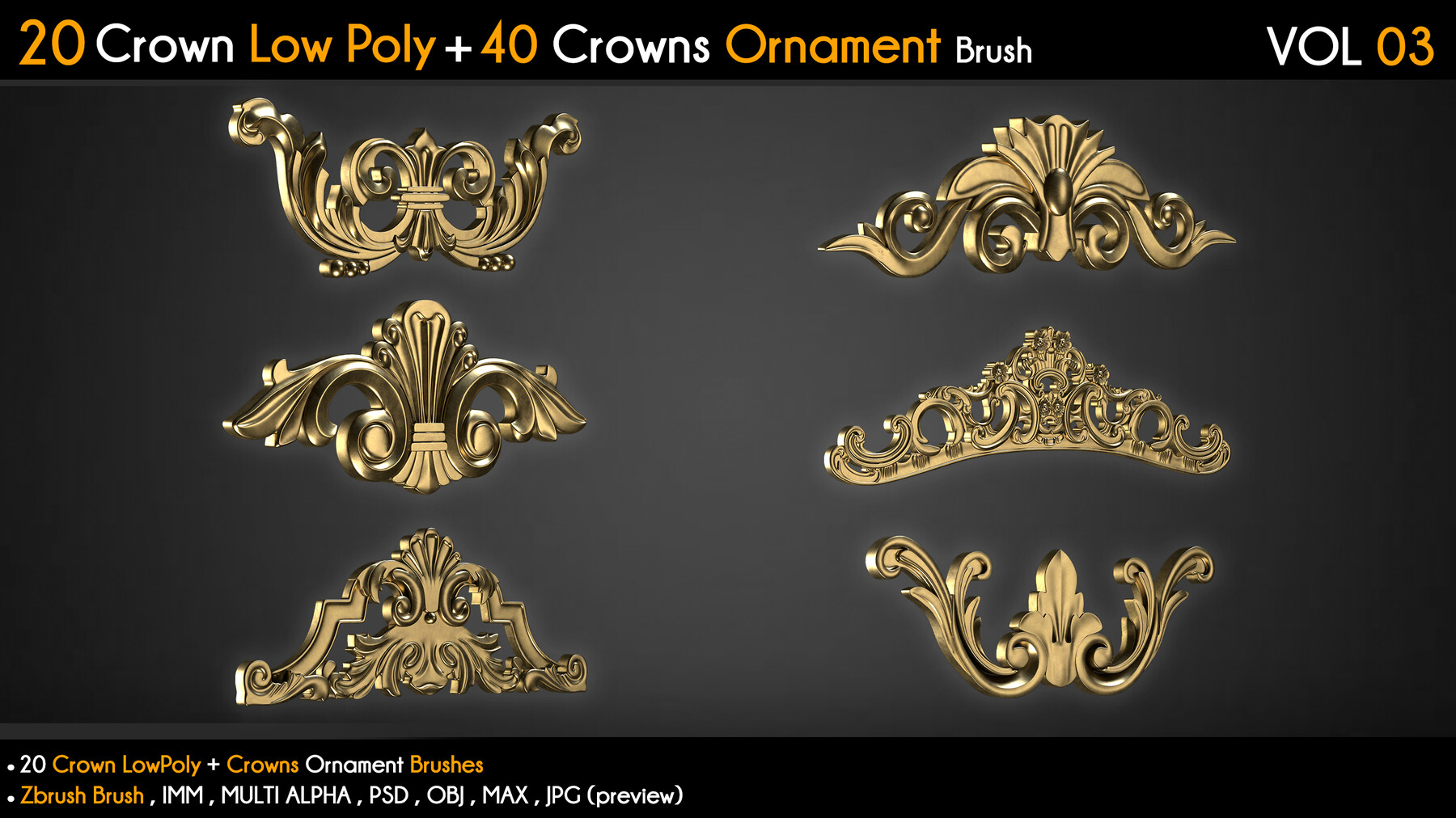 ArtStation - 20 Crown Low Poly + 40 Crowns Ornament Brush - VOL 3 | Brushes
