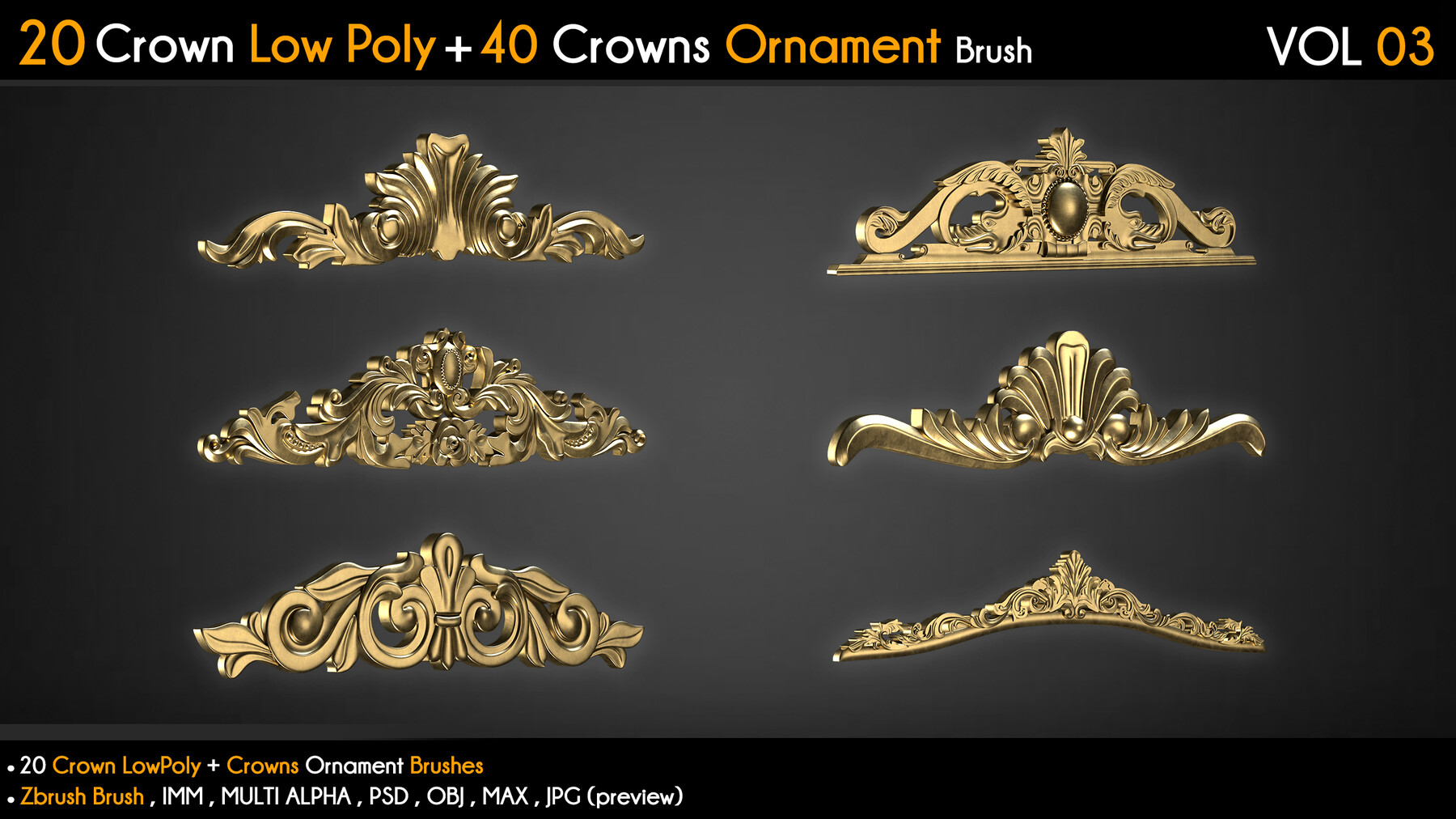 ArtStation - 20 Crown Low Poly + 40 Crowns Ornament Brush - VOL 3 | Brushes
