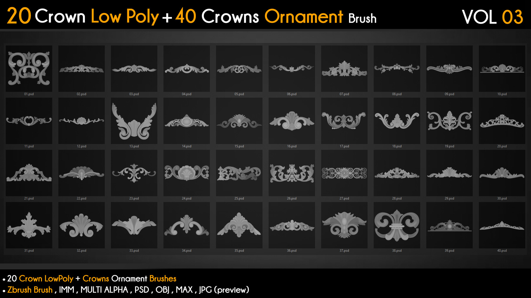 ArtStation - 20 Crown Low Poly + 40 Crowns Ornament Brush - VOL 3 | Brushes