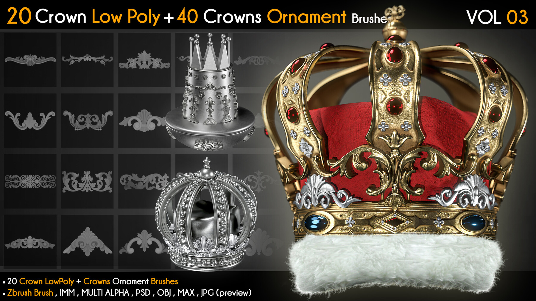 ArtStation - 20 Crown Low Poly + 40 Crowns Ornament Brush - VOL 3 | Brushes