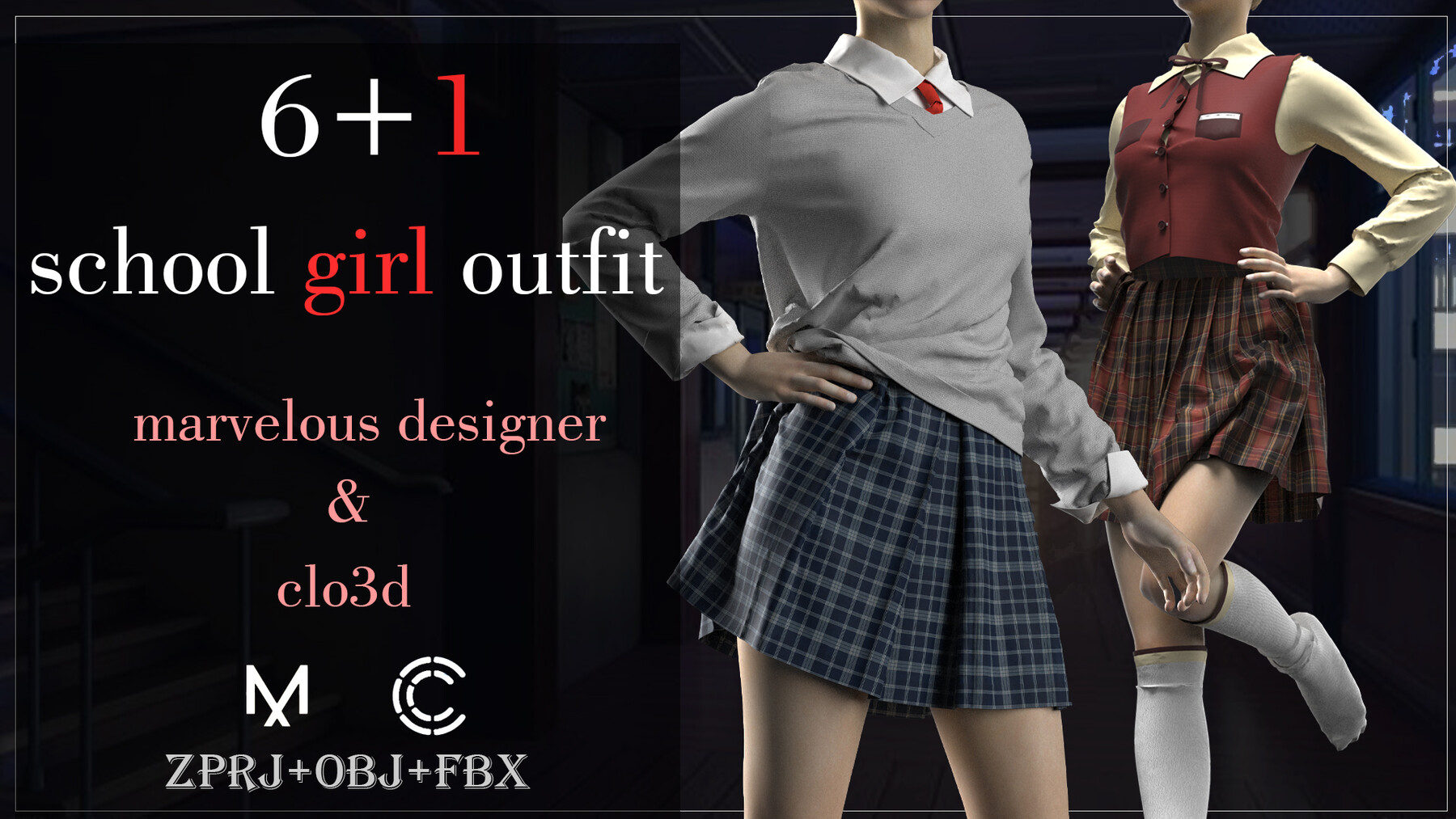 ArtStation - 6+1 SCHOOL GIRL OUTFIT-marvelous designer& clo3d project file +obj+fbx | Game Assets