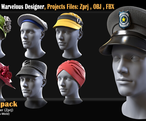 ArtStation - 30 Hats pack. Marvelous Designer, Projects Files: Zprj , OBJ , FBX | Resources