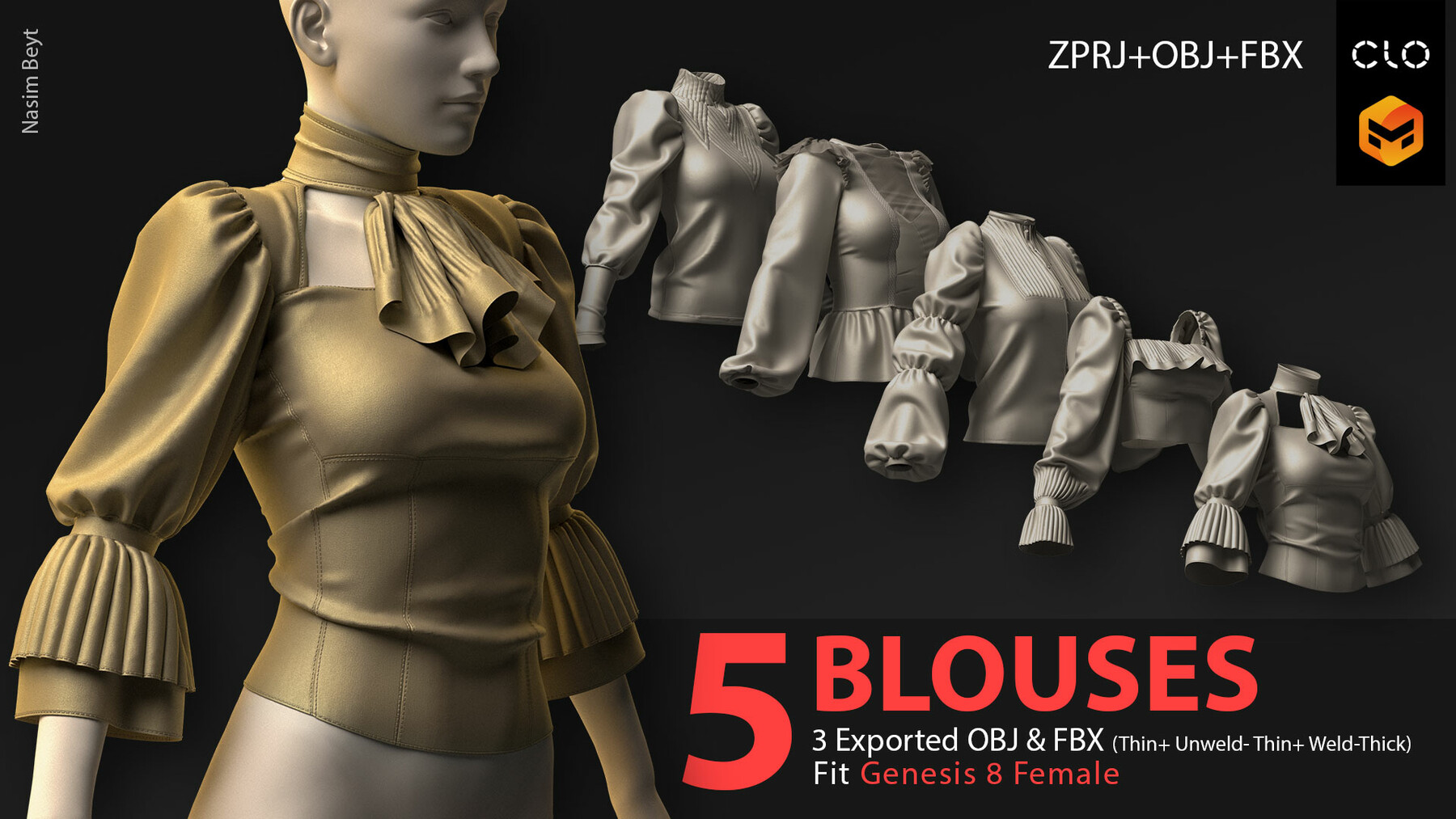 ArtStation - 5 FEMALE BLOUSES PACK (VOL.01). Marvelous Designer/Clo3D project file+OBJ,FBX ...