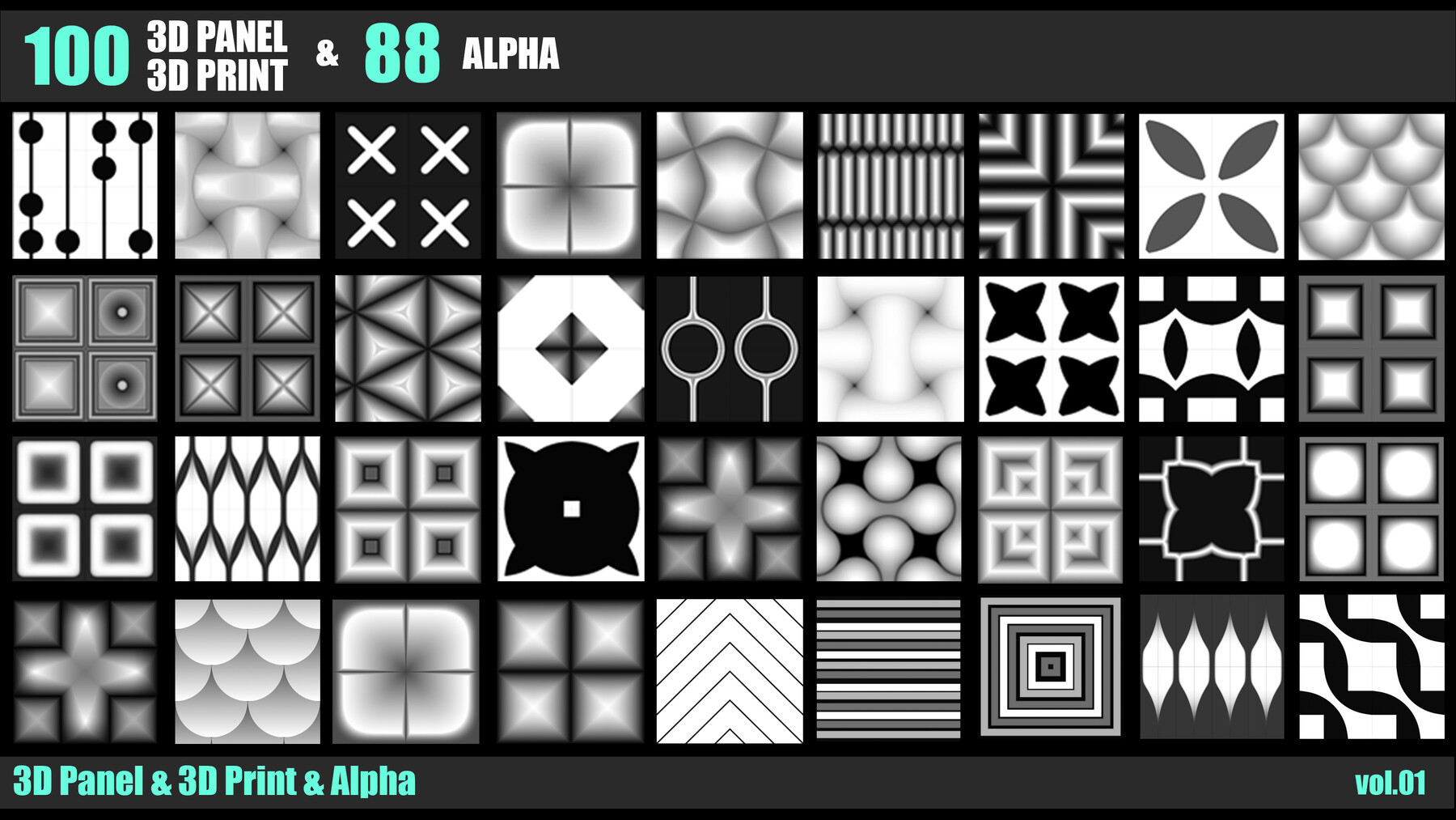 ArtStation - 100 3D PANEL & 3D PRINT & 88 ALPHA _VOL.01 | Resources
