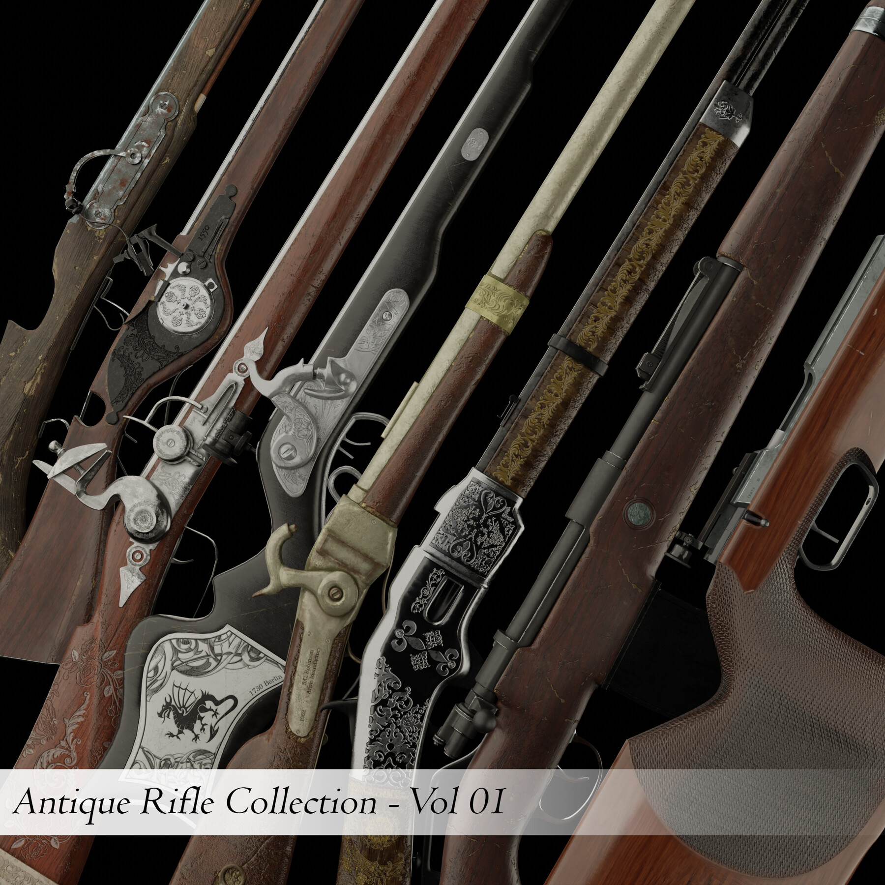 ArtStation - Antique Rifle Collection - Base Mesh & Textured High Poly ...
