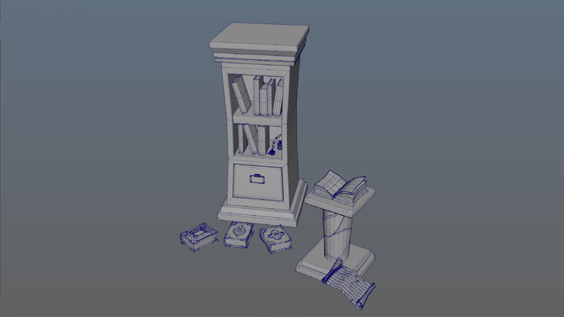 ArtStation - Stylized set stone stand bookcase books papyrus scrolls Low-poly 3D model | Resources