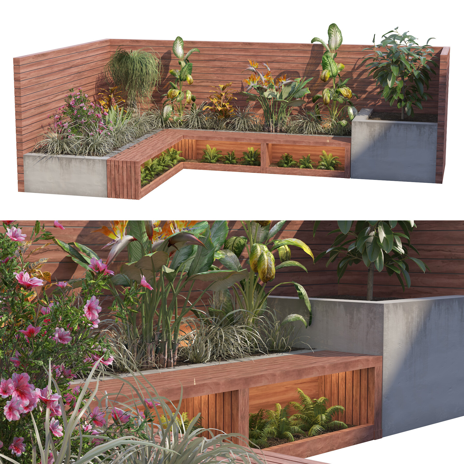 ArtStation - Outdoor Corner bench with plants set pot | Game Assets