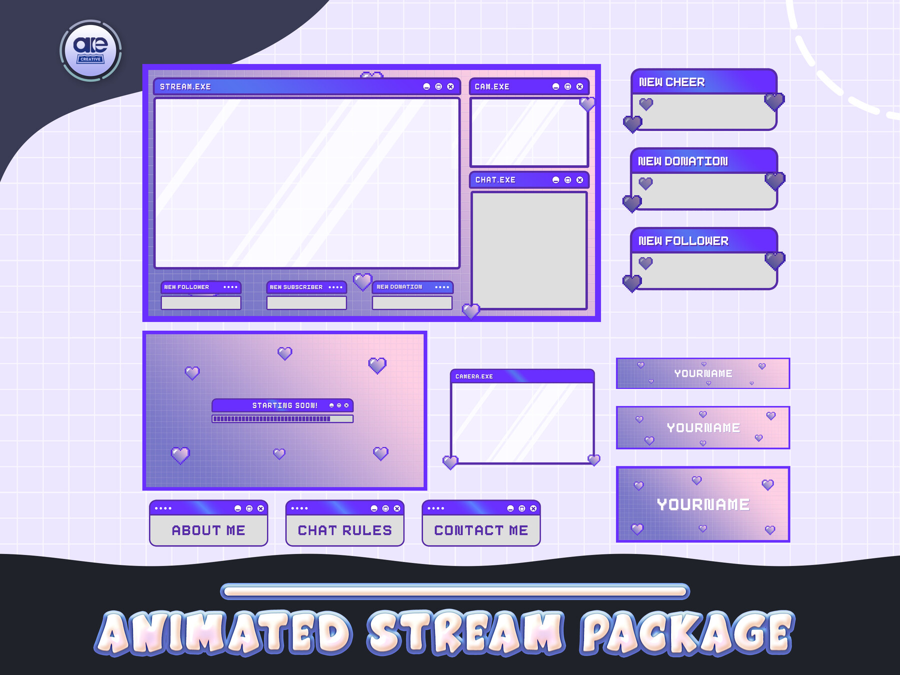 ArtStation - Purple Stream Package Overlay Pixel Hearts, Pixel Stream ...