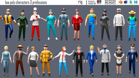 ArtStation - Cartoon characters 3 professions Low-poly 3D model | Game ...