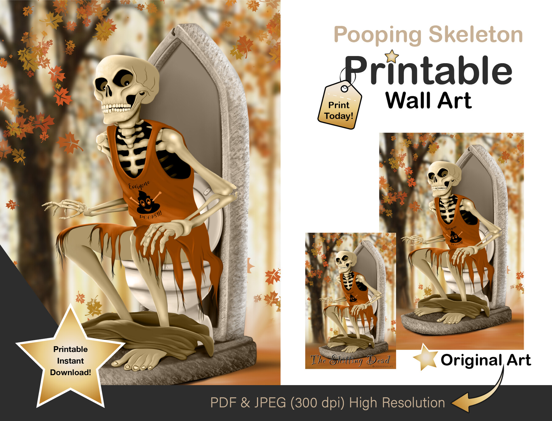 ArtStation - Printable Halloween Wall Art | Skeleton Pooping Original ...