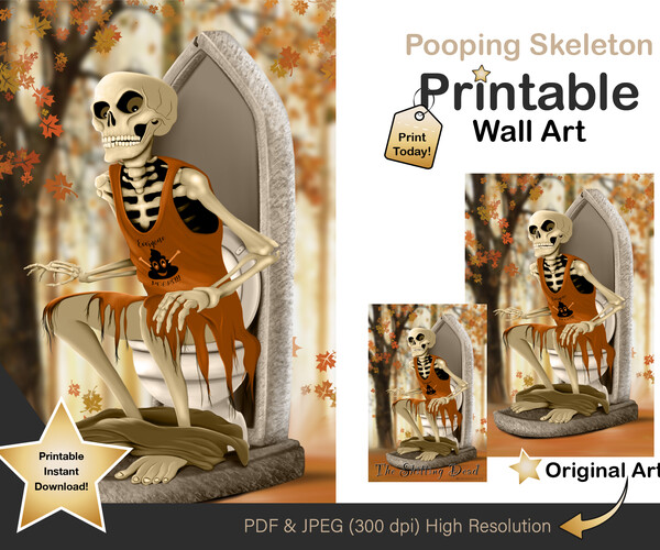 ArtStation - Printable Halloween Wall Art | Skeleton Pooping Original ...