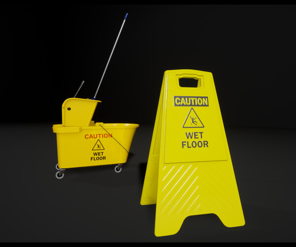 ArtStation - Mopping bucket & "Wet Floor" Sign | Game Assets
