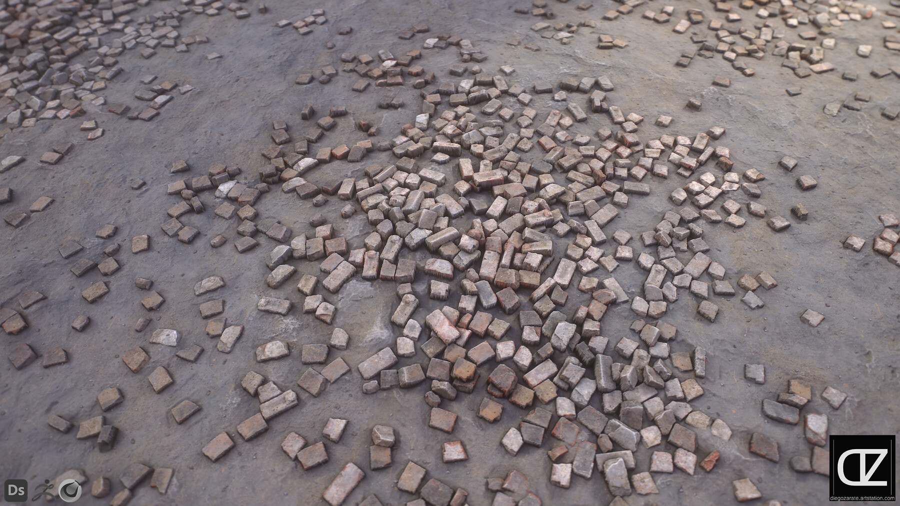 ArtStation - PBR - RUBBLE BRICK DEBRIS PILE ON DRY CONCRETE - 4K MATERIAL + SBS GRAPH | Game Assets