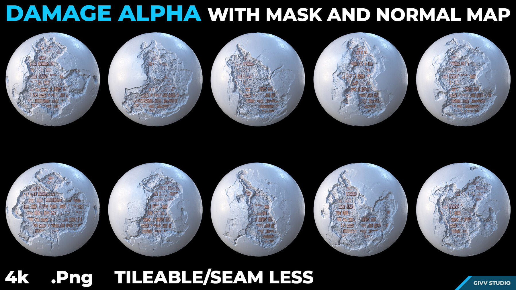 ArtStation - 50 Damage Alpha +Mask +Normal (4K .Png Tileable Seamless) | Brushes