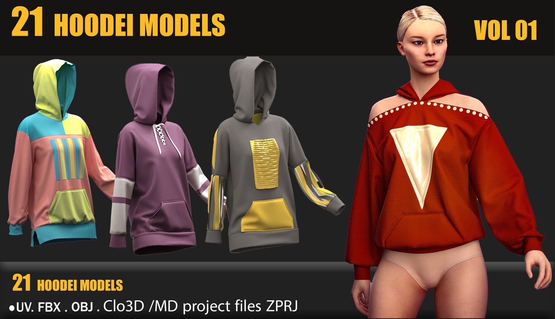 ArtStation - 21 HOODEI MODELs Clo3D / MD Project Zprj . UV . FBX . OBJ | Game Assets