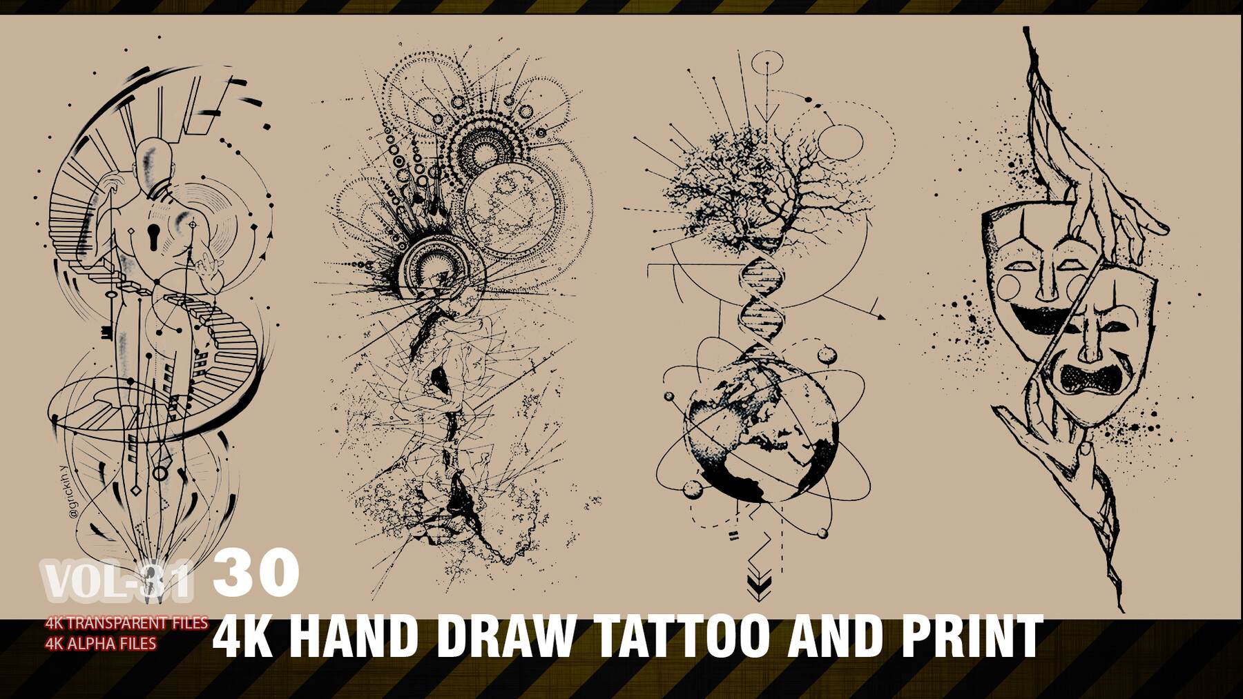 ArtStation - 30 4K HAND DRAW TATTOO AND PRINT - VOL31 | Brushes