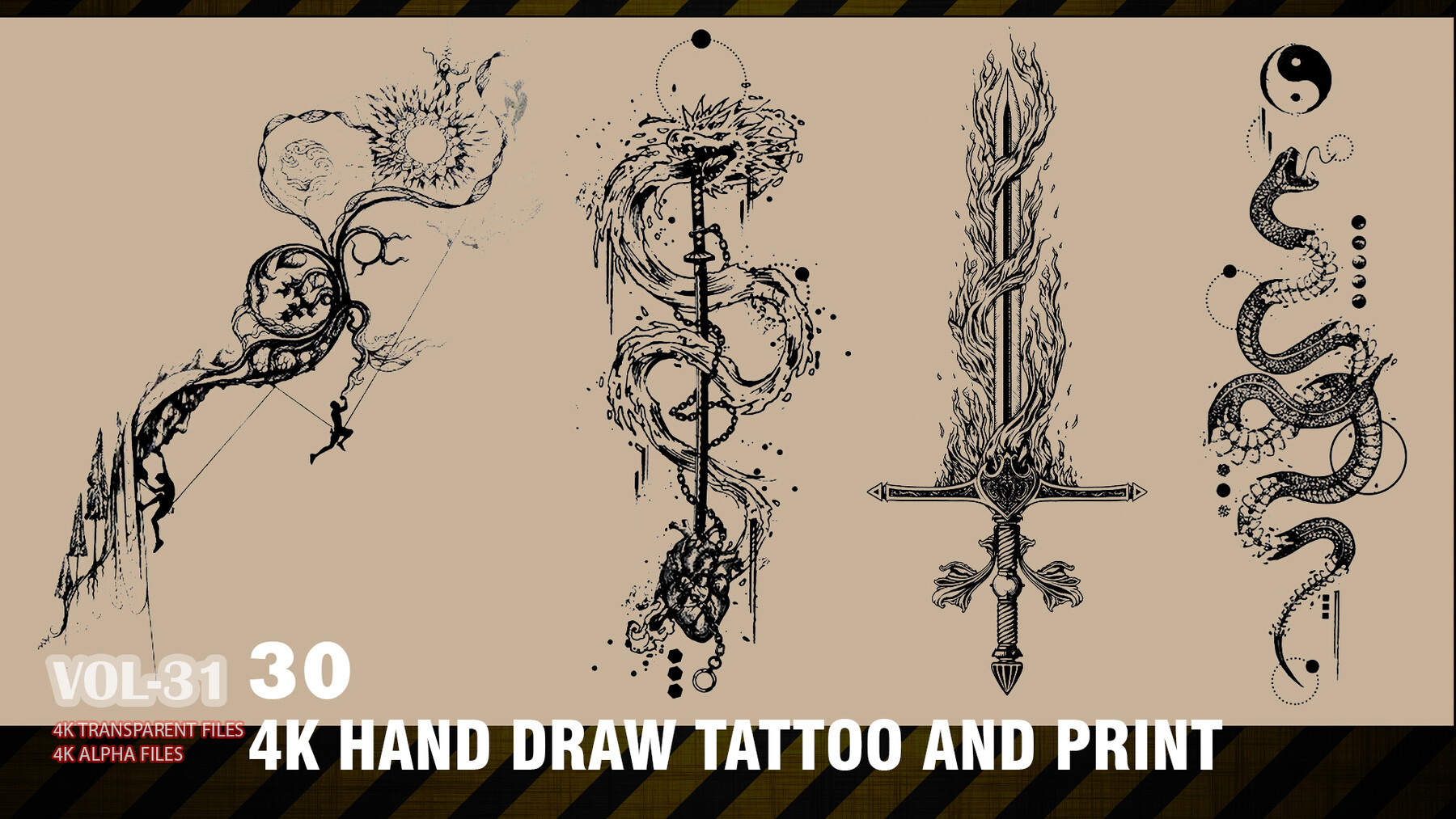 ArtStation - 30 4K HAND DRAW TATTOO AND PRINT - VOL31 | Brushes