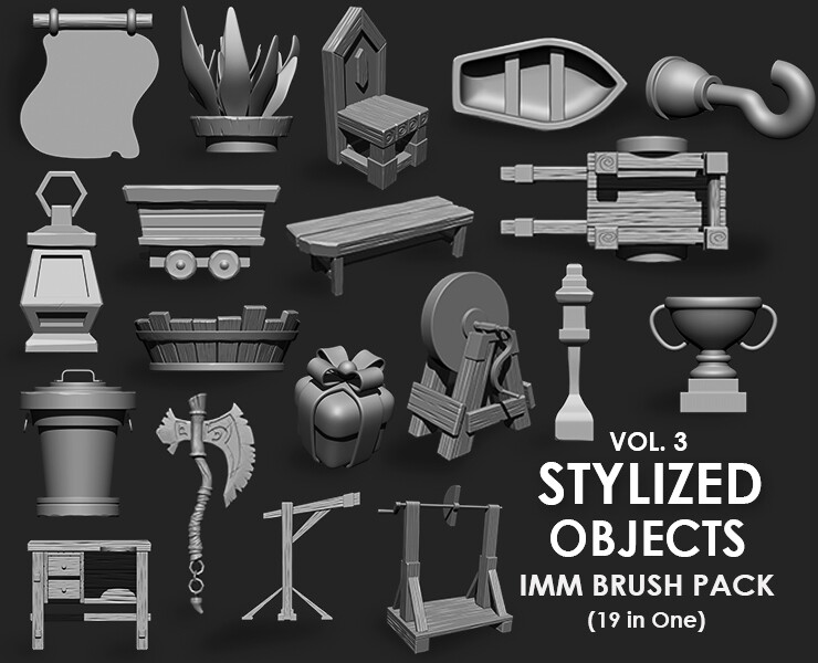 ArtStation - Stylized Objects IMM Brush Pack (19 in One) Vol. 3 | Brushes