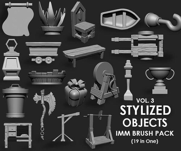 ArtStation - Stylized Objects IMM Brush Pack (19 in One) Vol. 3 | Brushes