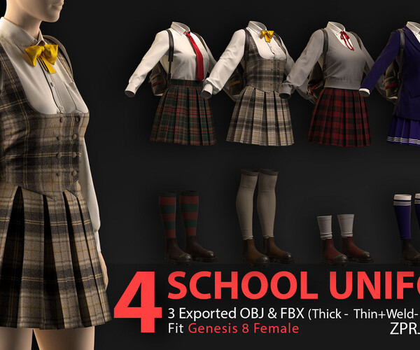 ArtStation - 4 SCHOOL UNIFORM with BAG & SHOES PACK with TEXTURES (VOL ...