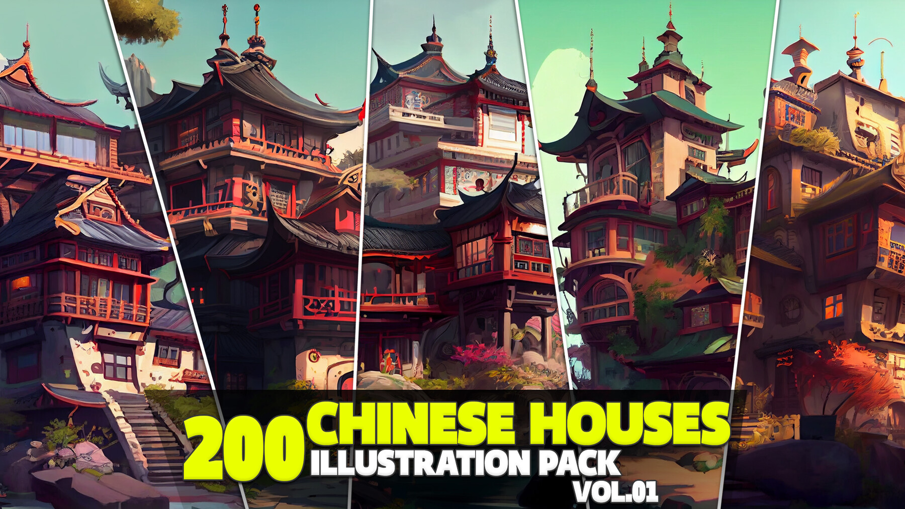 ArtStation - 200 Chinese houses Illustration Pack Vol.01 | Artworks