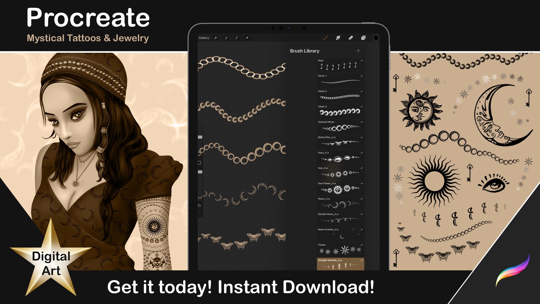ArtStation - Procreate Mystical Tattoo Brushes | Moons, Suns & Butterfly Gold Chain Jewelry ...