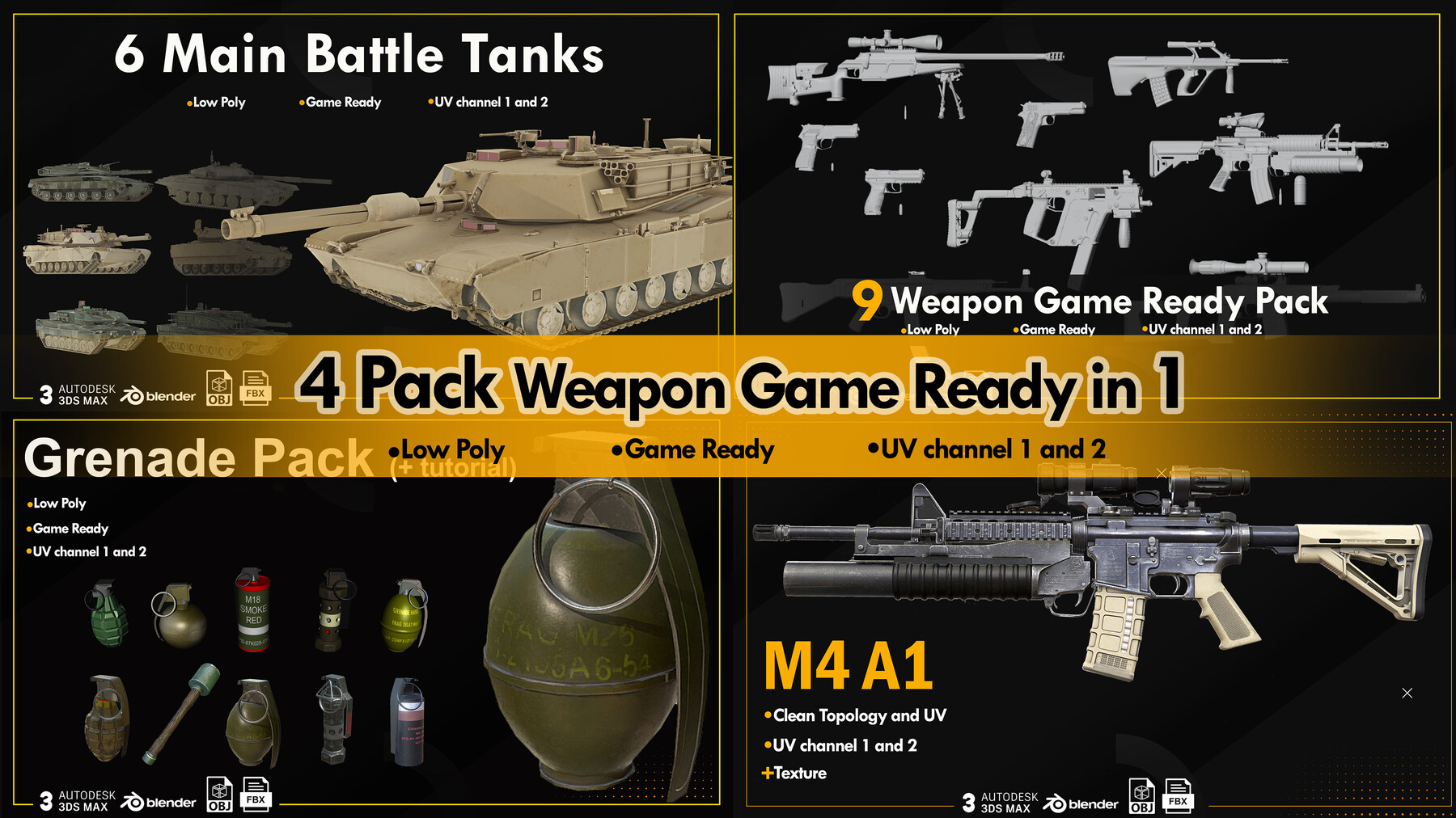 ArtStation - 4 Pack Weapon Game Ready in 1 | Game Assets