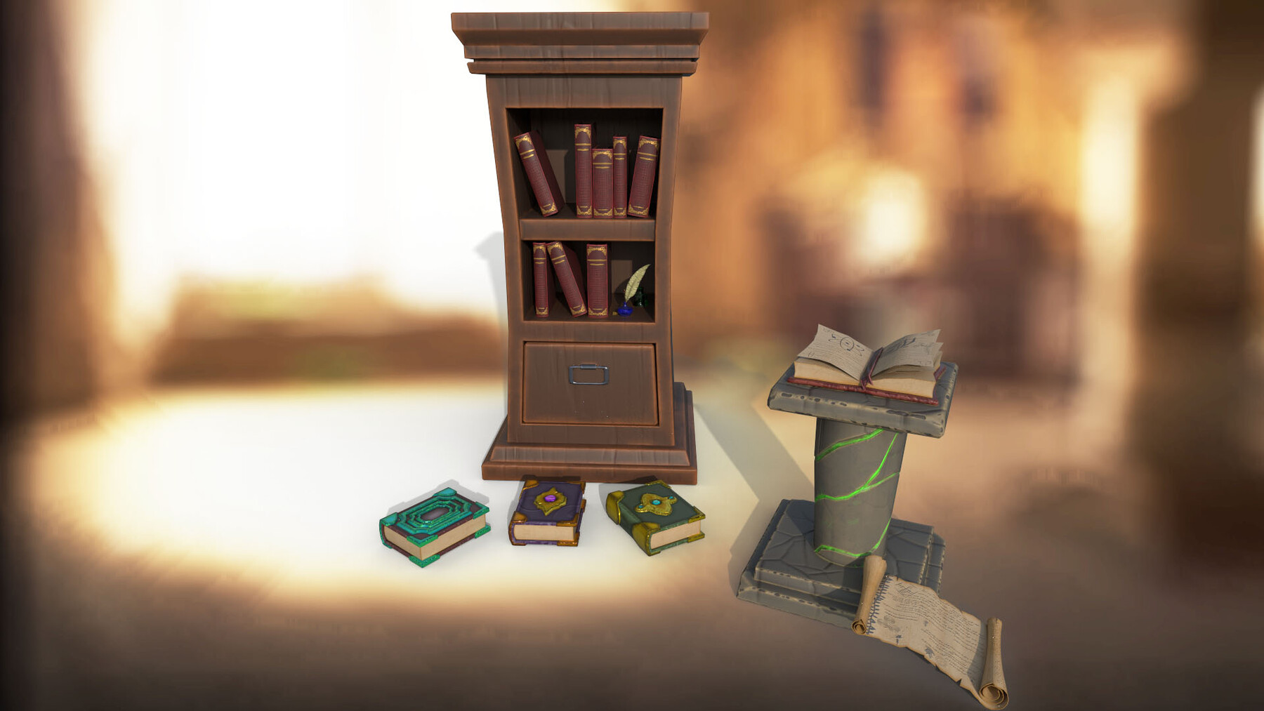 ArtStation - Stylized set stone stand bookcase books papyrus scrolls ...