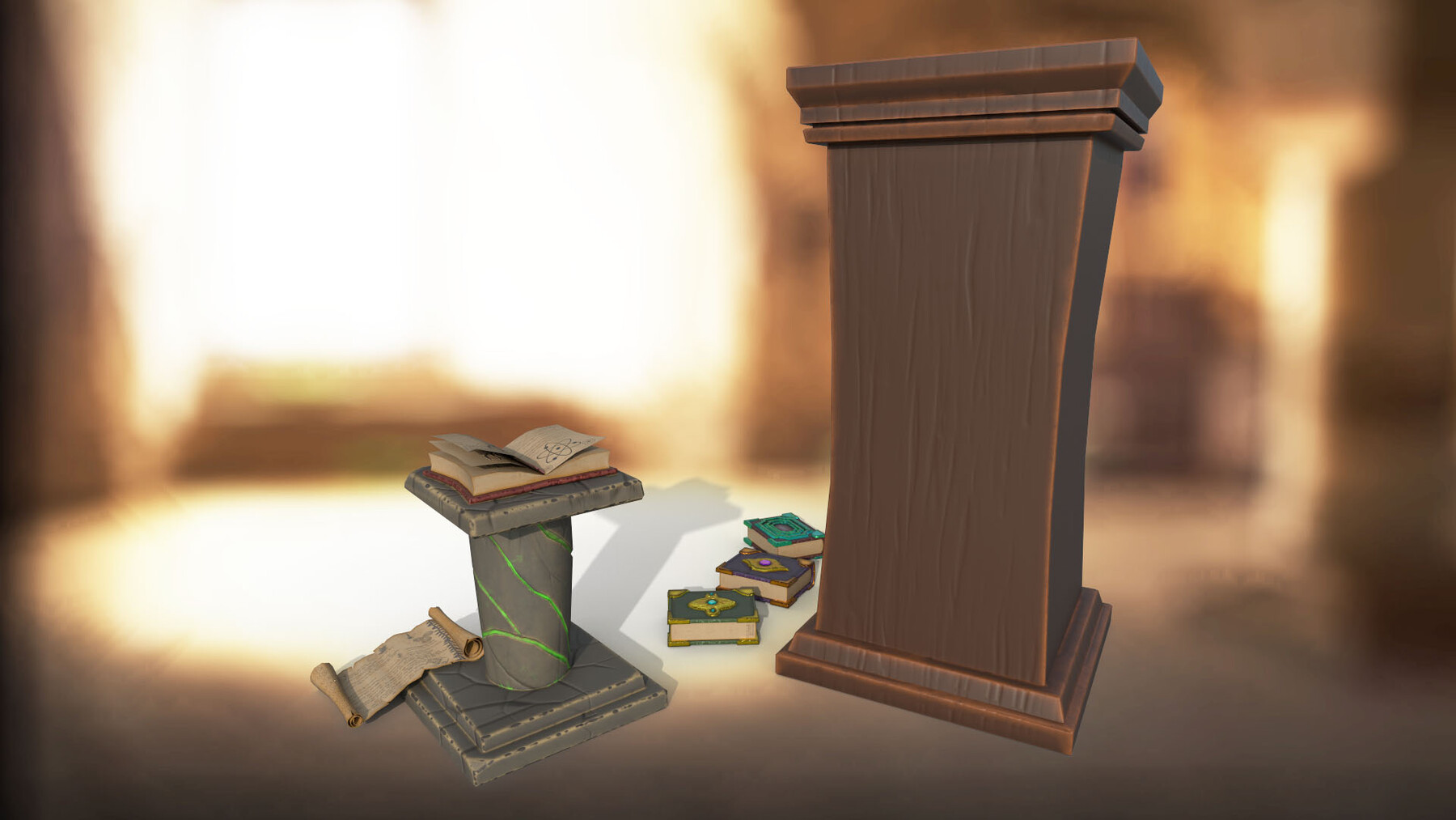 ArtStation - Stylized set stone stand bookcase books papyrus scrolls ...
