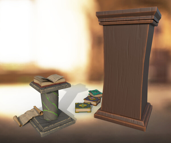 ArtStation - Stylized set stone stand bookcase books papyrus scrolls ...