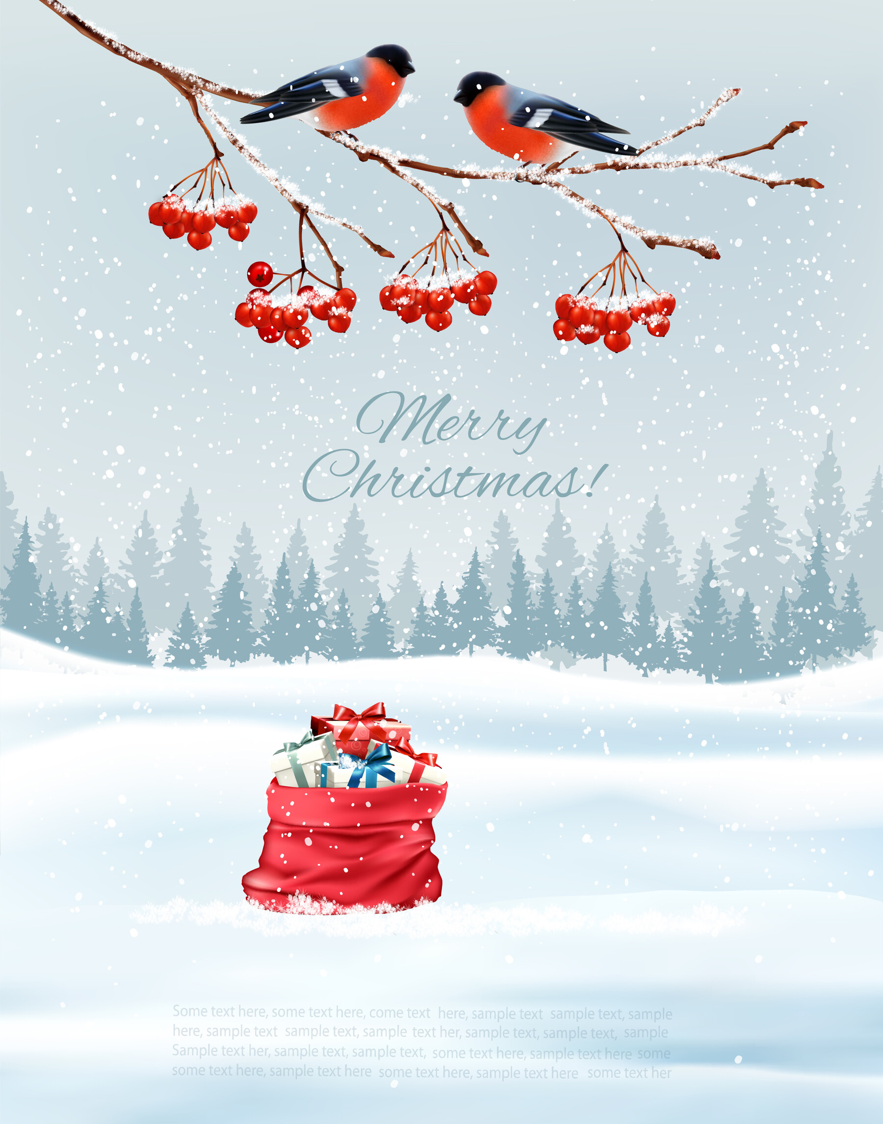 ArtStation - Holiday Christmas background with red bullfinches on branch of a Christmas tree and ...