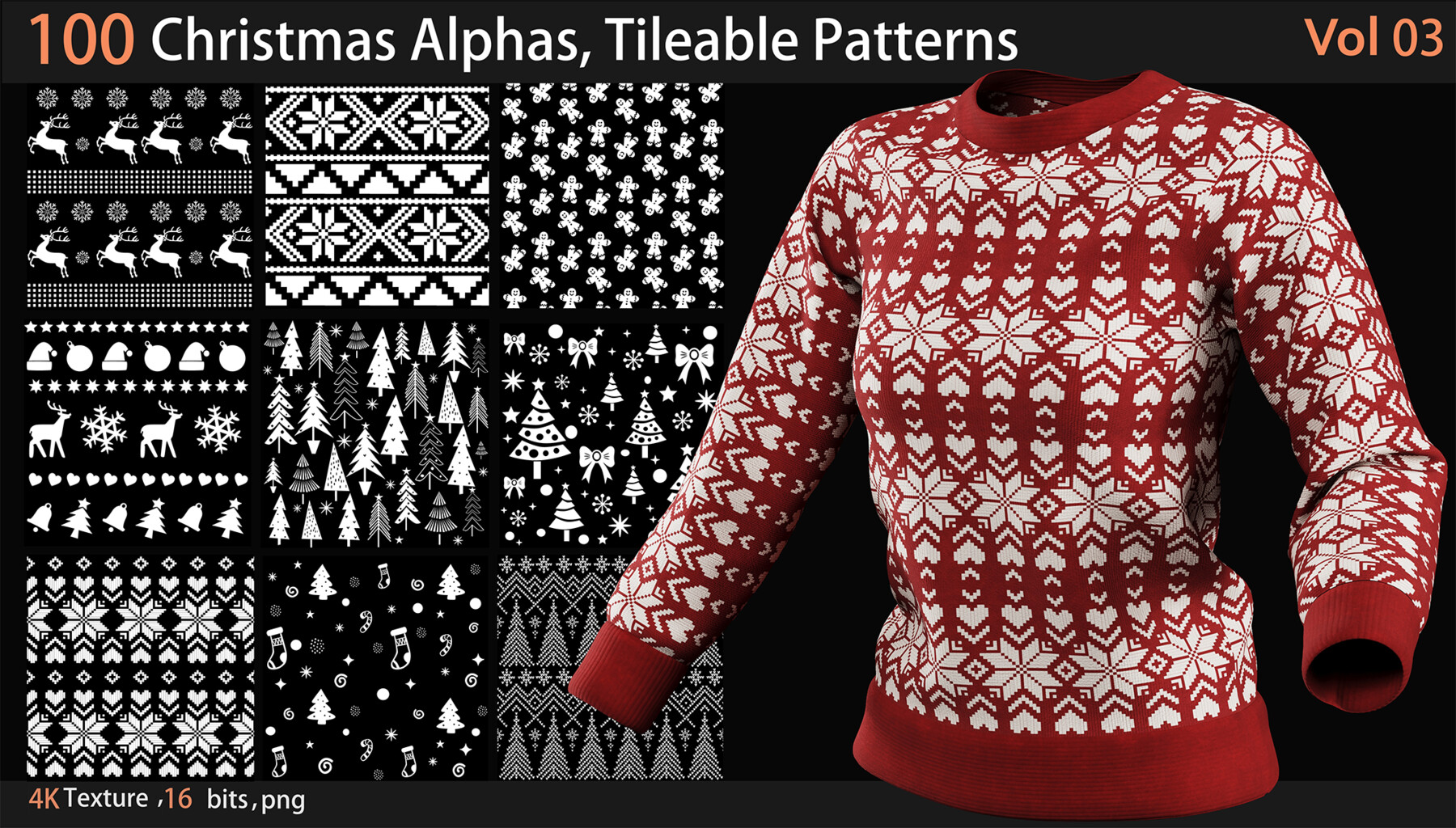 ArtStation - 100 Christmas Alphas, Tileable Patterns _ VOL 3 | Brushes