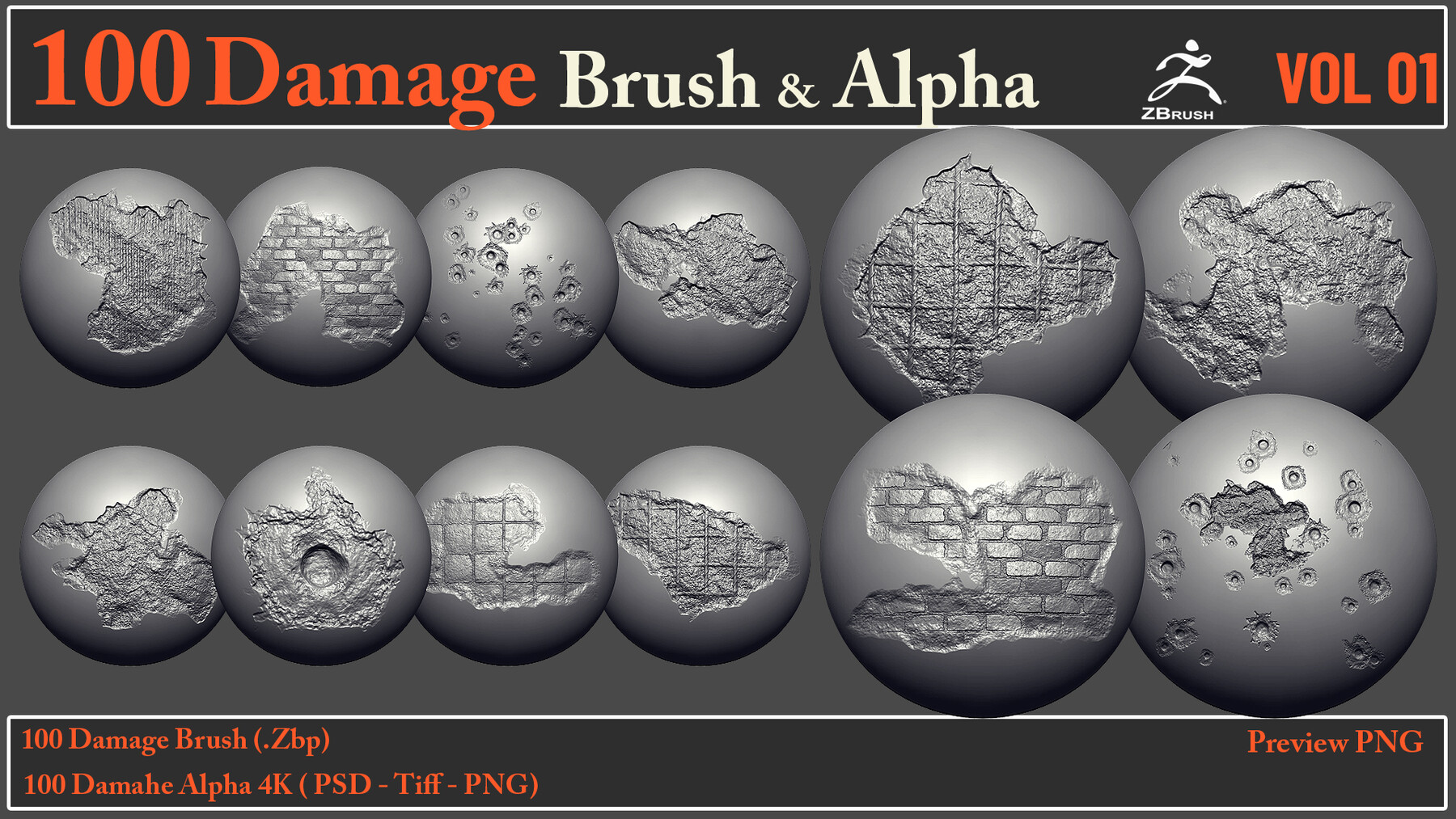 ArtStation - 100 Damage Brush & Alpha VOL 01 | Brushes