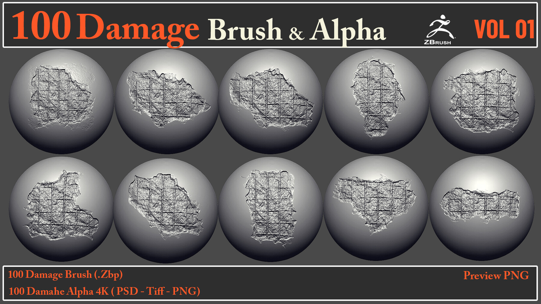 ArtStation - 100 Damage Brush & Alpha VOL 01 | Brushes