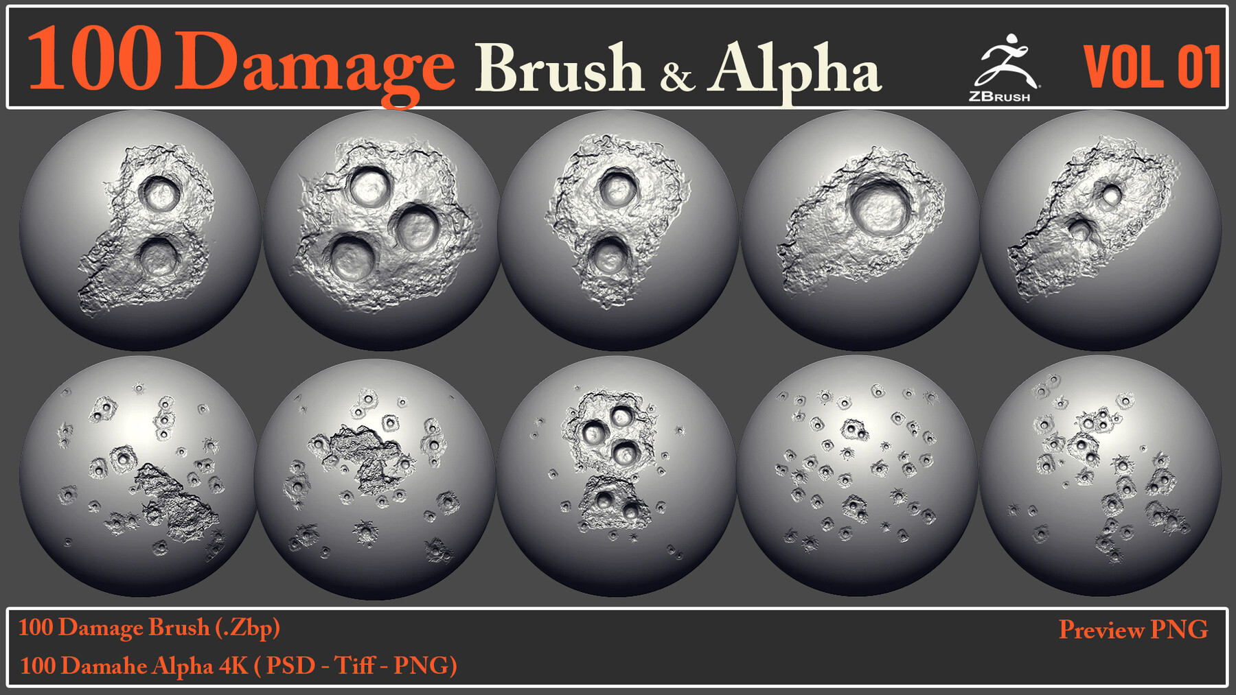 ArtStation - 100 Damage Brush & Alpha VOL 01 | Brushes