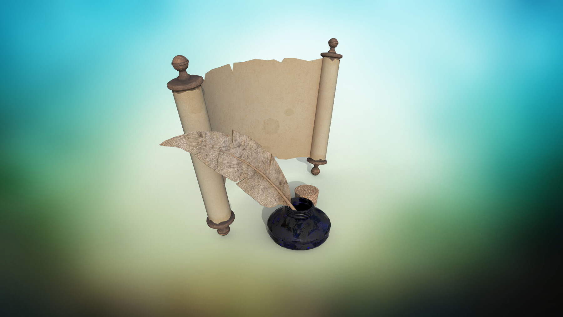 ArtStation - Set of papyrus scroll and inkwell with stopper and quill ...