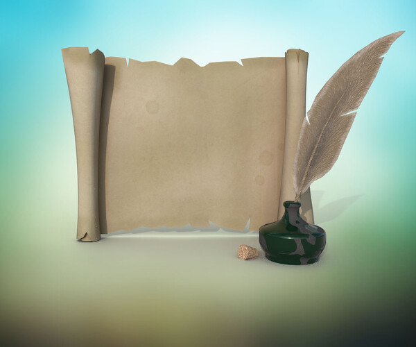 ArtStation - Set of papyrus and inkwell with stopper and quill PBR low ...