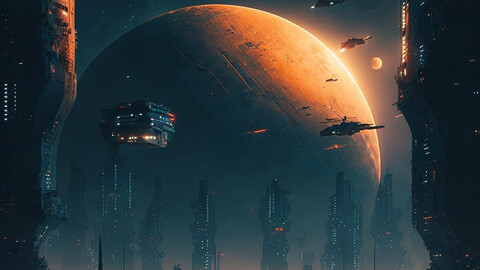 ArtStation - Future city at night with large moon | Artworks