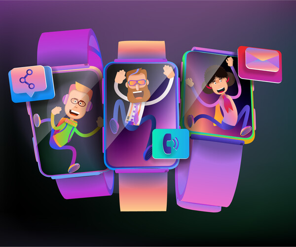 ArtStation - Cartoon men climb out of the screens of smart watches ...