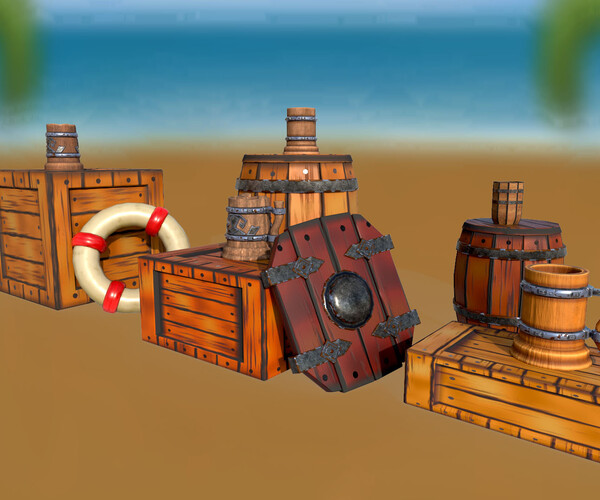 ArtStation - Set of stylized boxes mug barrel shield lifebuoy PBR Low ...