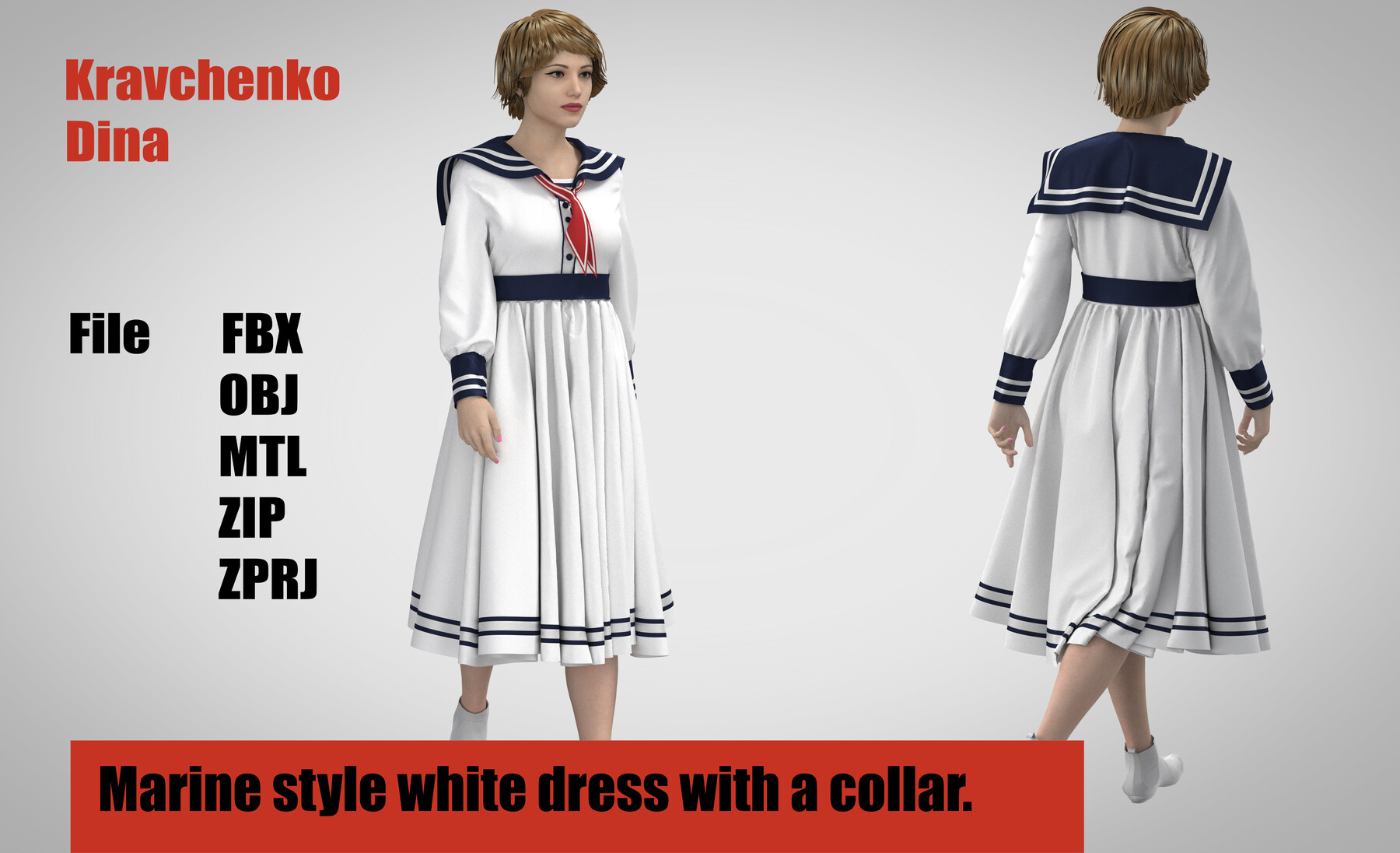 ArtStation - Marine style white dress with a collar. | Game Assets