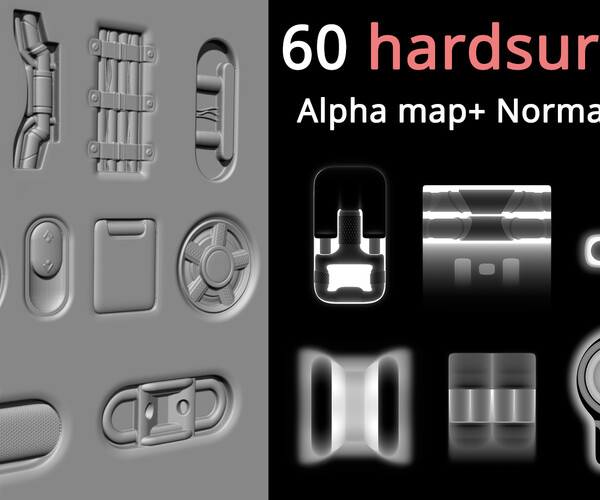 ArtStation - 60 hard surface height alpha map + normal map | Brushes
