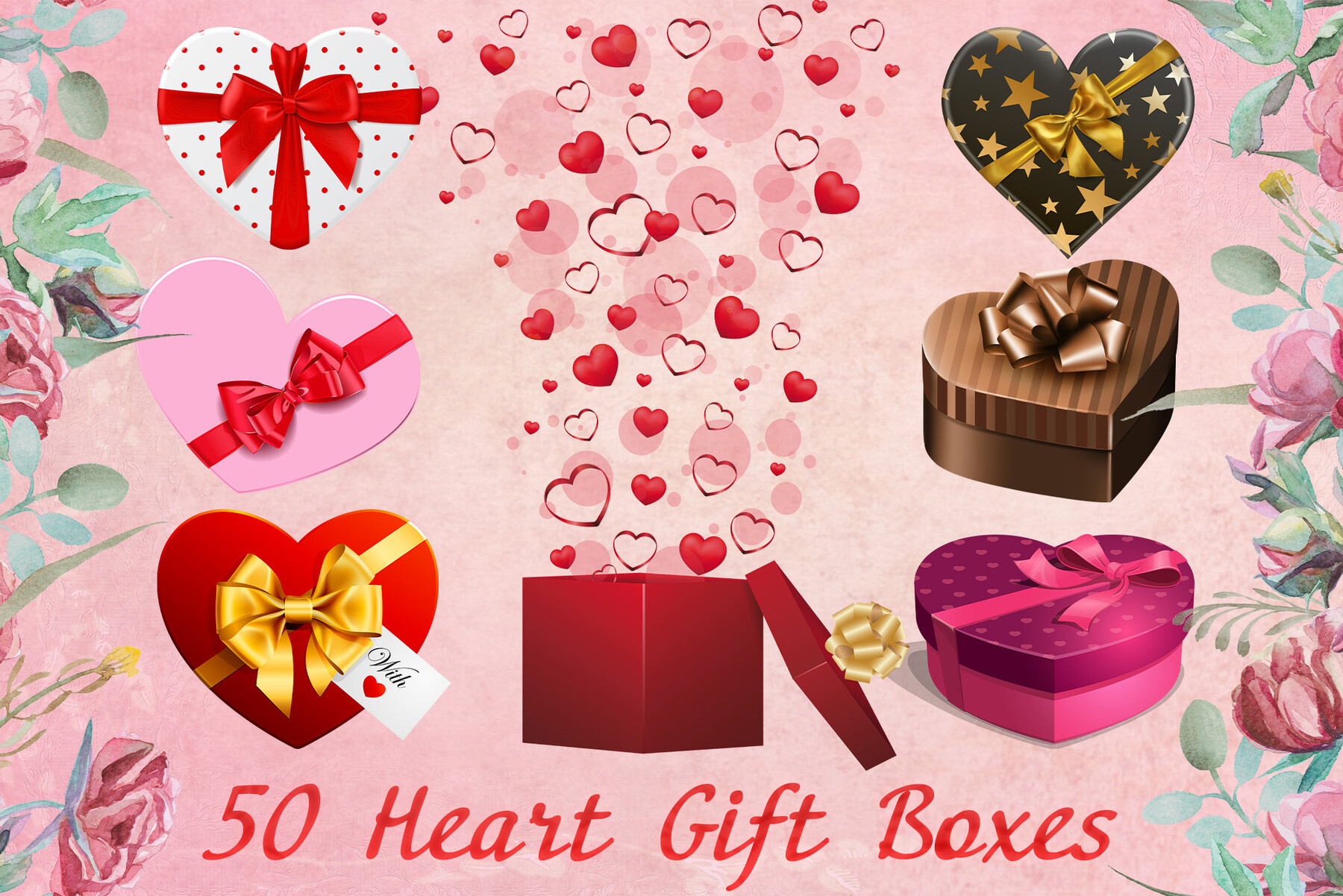 ArtStation - 50 Heart Gift Boxes Clip Art, Romantic Valentines Day ...
