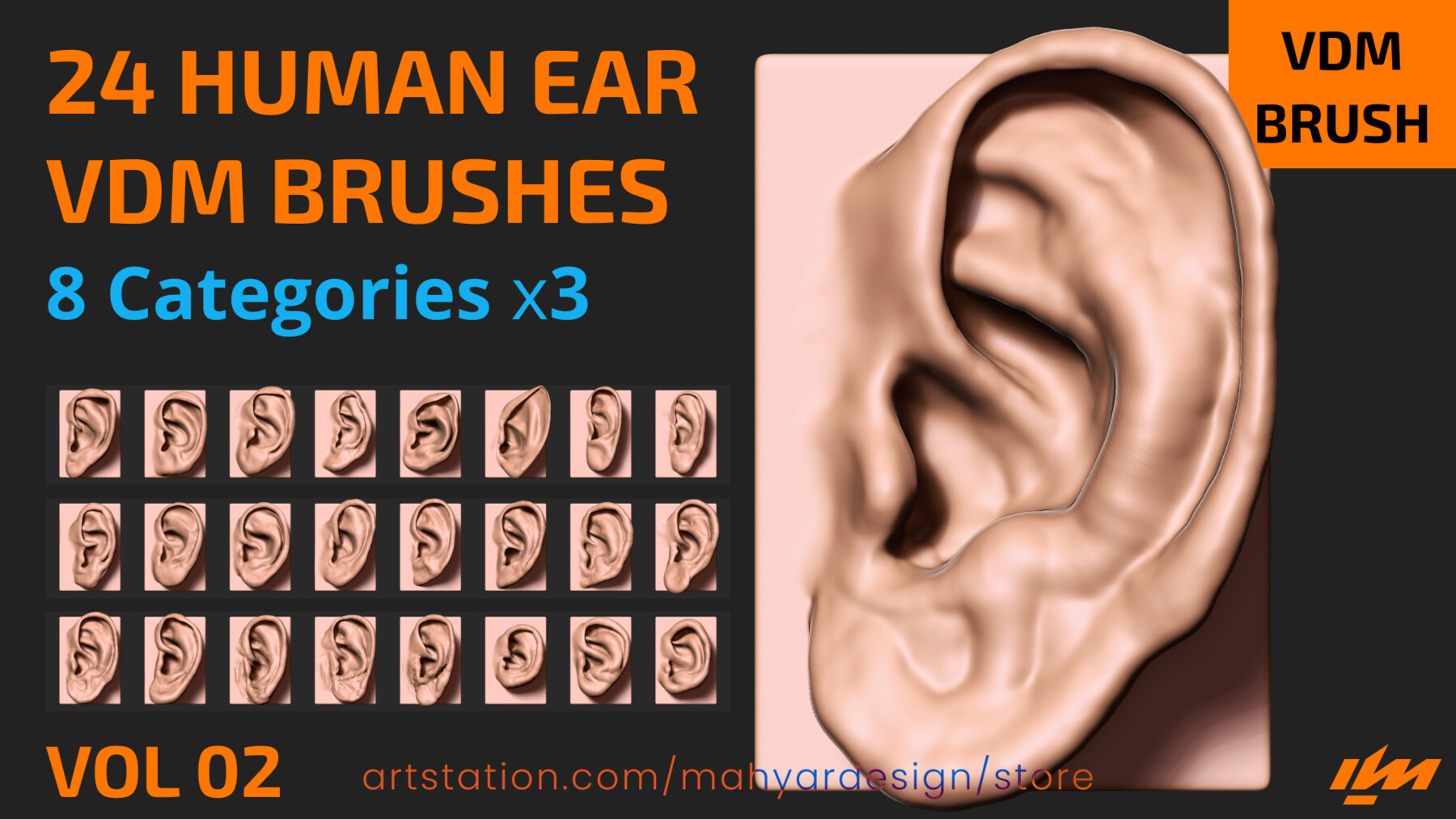 ArtStation - 24 Human Ear VDM Brushes for ZBrush - VOL 02 | Brushes
