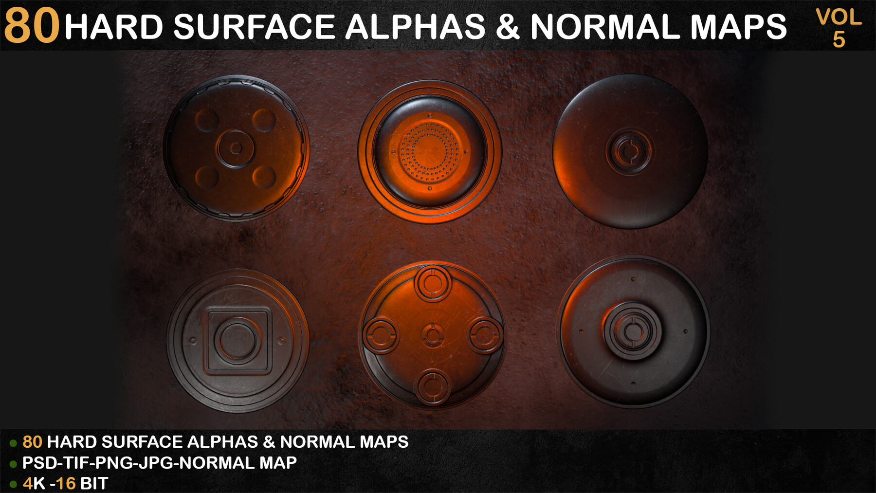 ArtStation - 80 HARD SURFACE ALPHAS & NORMAL MAPS-VOL 5 | Brushes