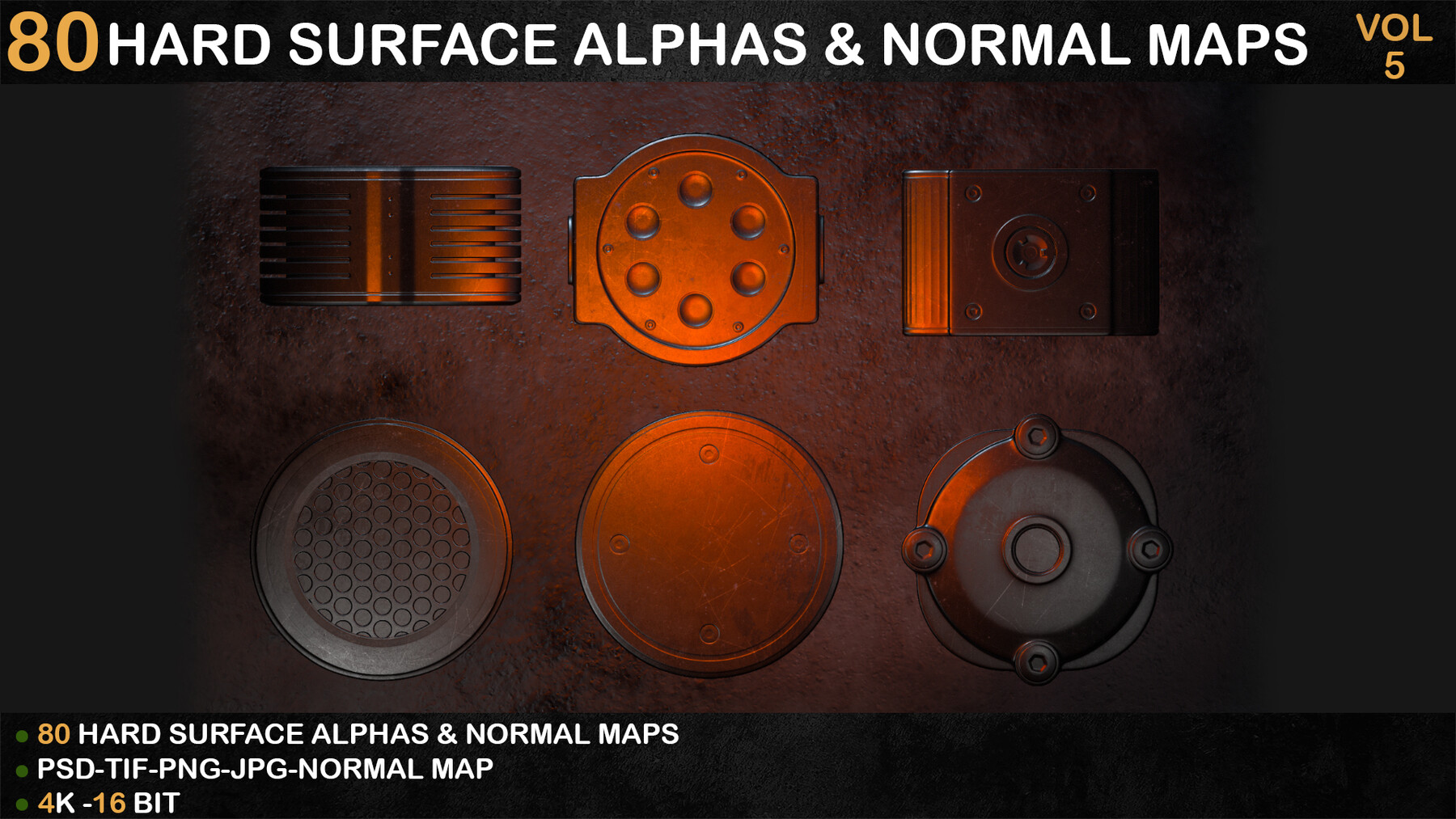 ArtStation - 80 HARD SURFACE ALPHAS & NORMAL MAPS-VOL 5 | Brushes